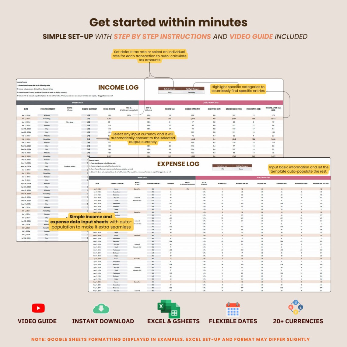 Easy Bookkeeping Template Excel & Google Sheets - Small Business Income ...