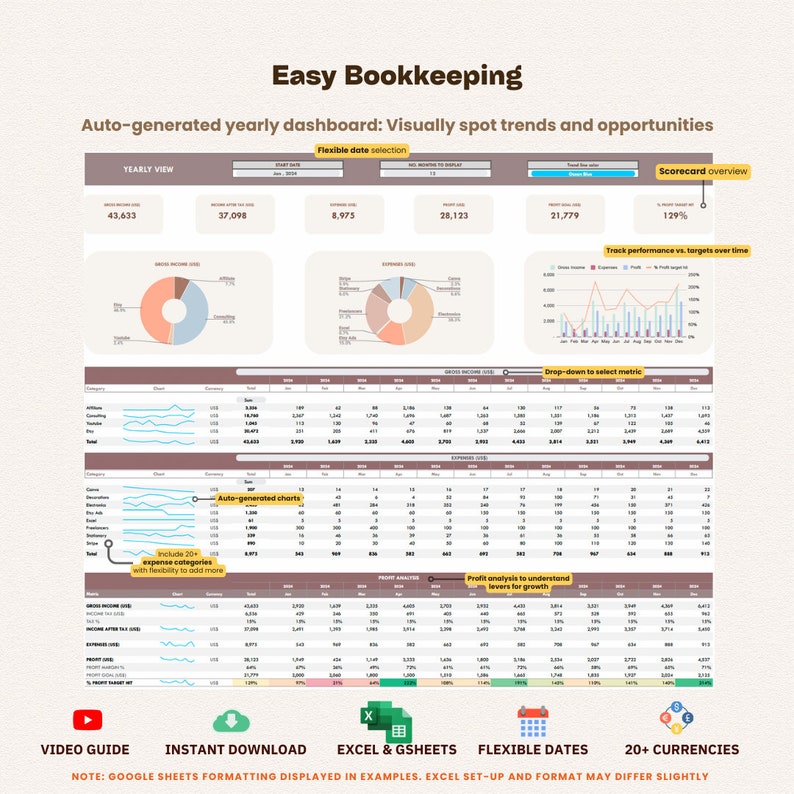 Easy Bookkeeping Template Excel & Google Sheets - Small Business Income ...