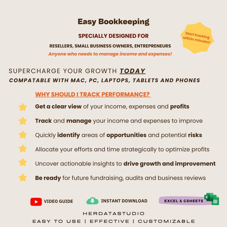 Easy Bookkeeping Template Excel & Google Sheets - Small Business Income ...