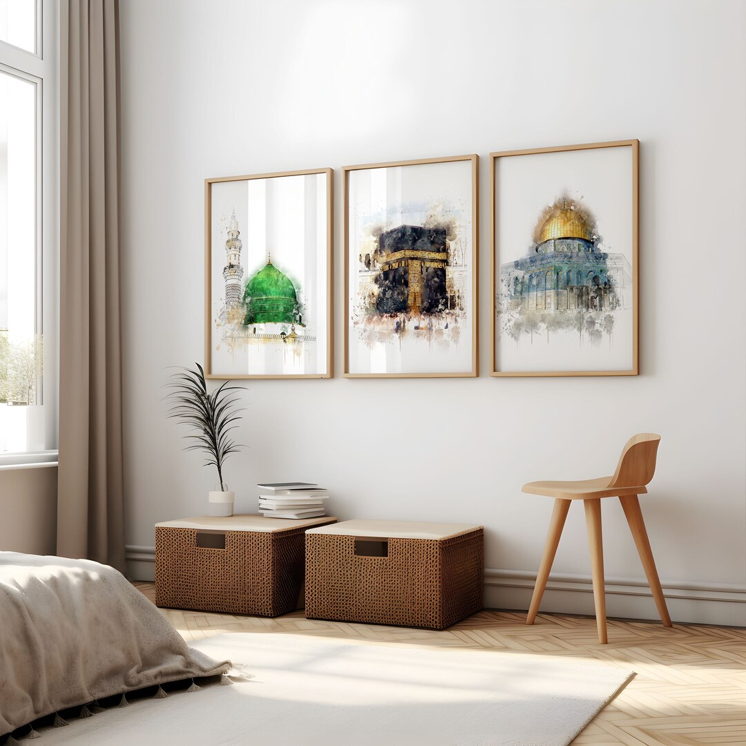 Islamic Wall Art Set, Masjid Aqsa, Kaaba Art, Mecca Art, Masjid Nabawi ...