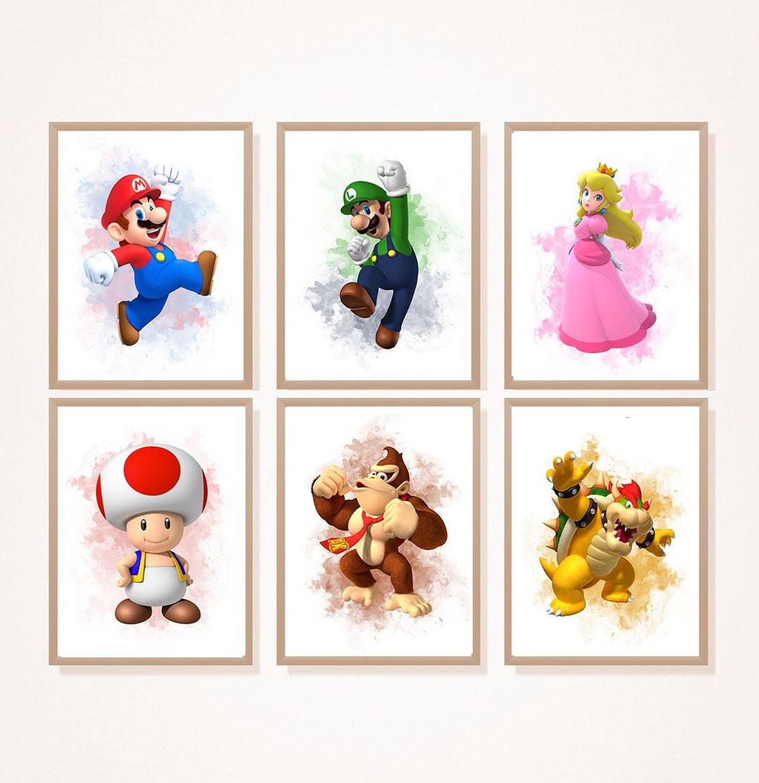 Set of 6 Mario Bro Poster Set Print Superhero Watercolour Poster ...