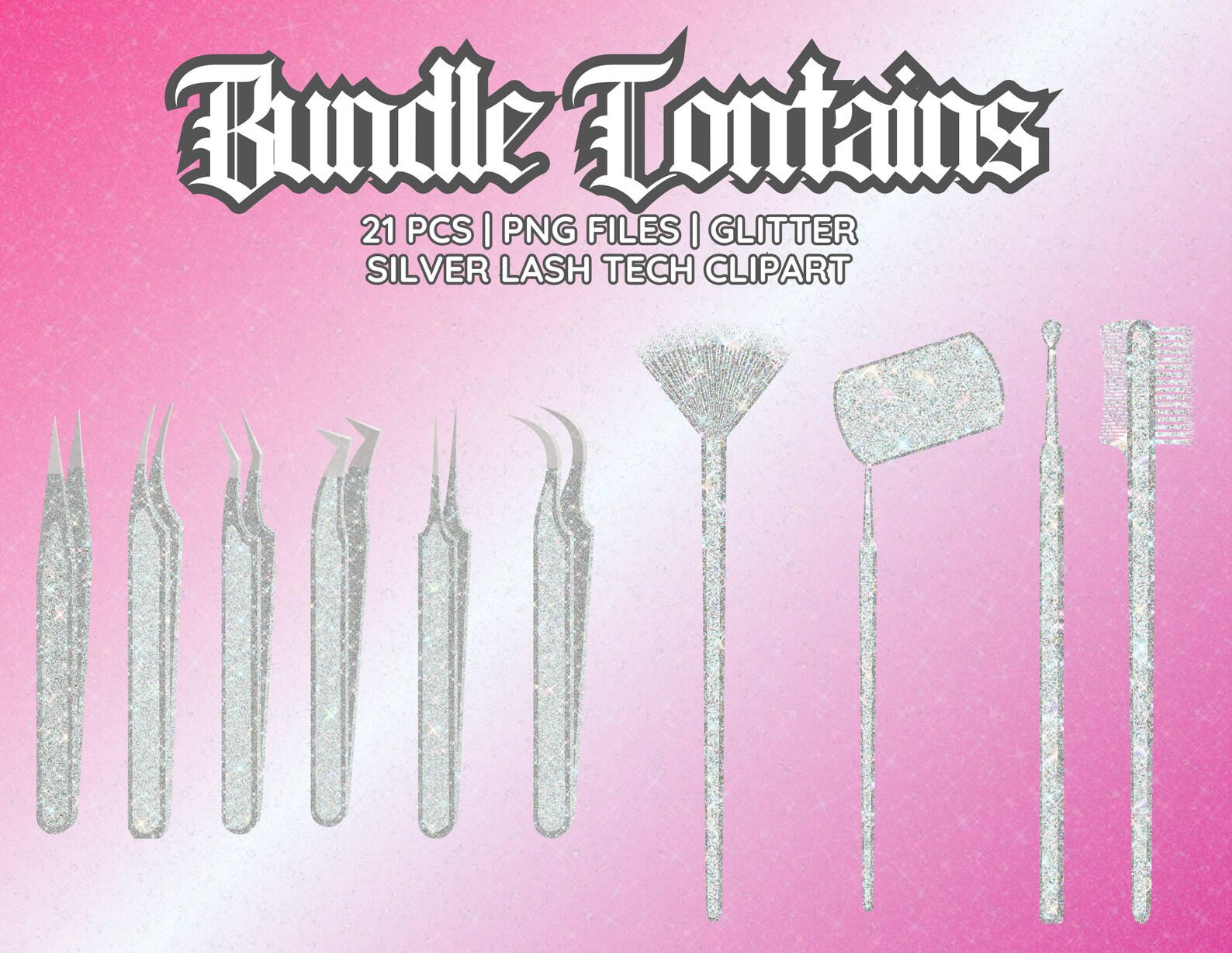 21 Pcs Silver Glitter Lash Tech Tools Bundle, Lashes, Spoolie, Eyelash ...