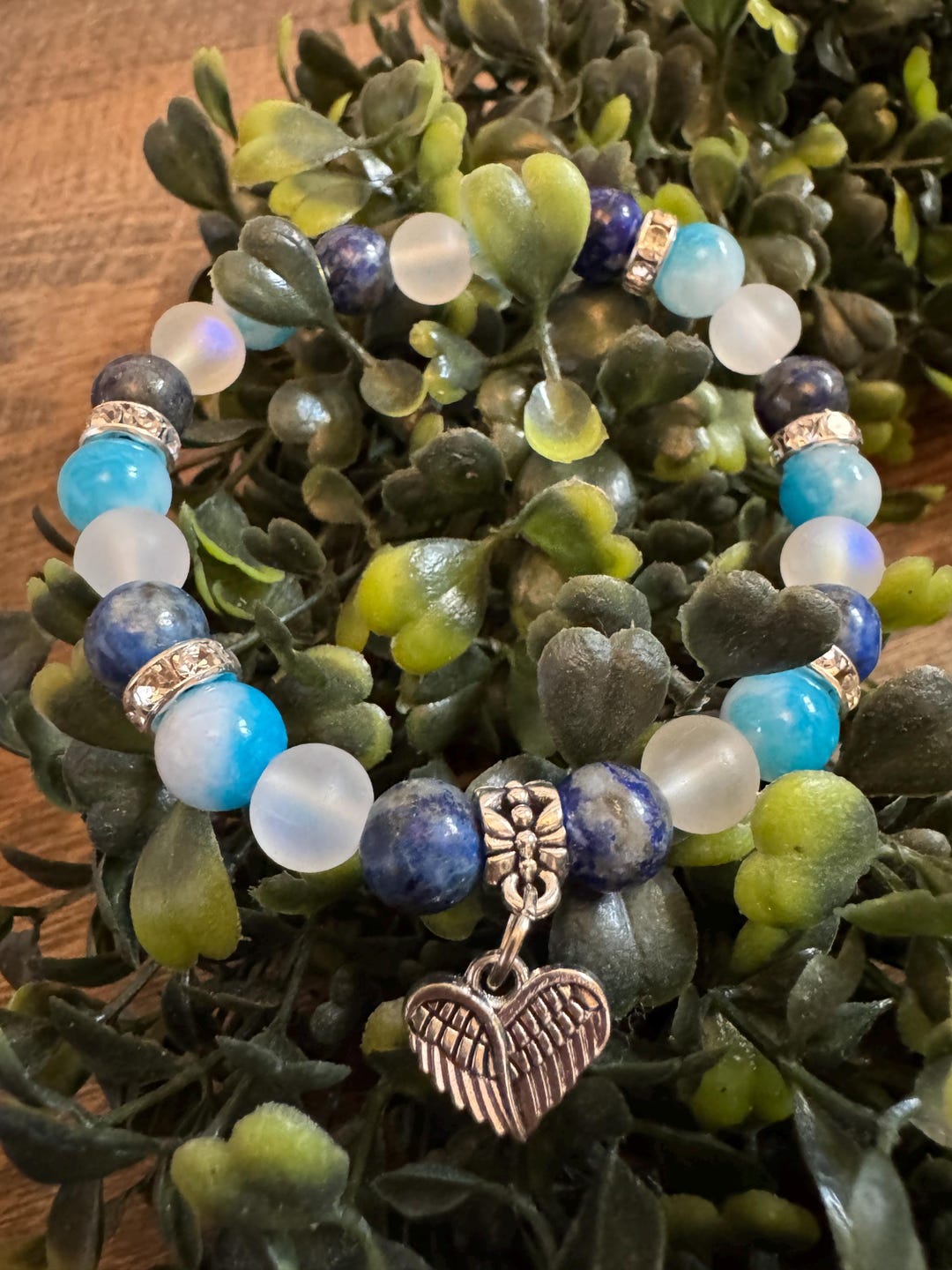 Moonstone & Lapis Lazuli Angel Wings Heart Crystal 8mm Beaded Bracelet ...