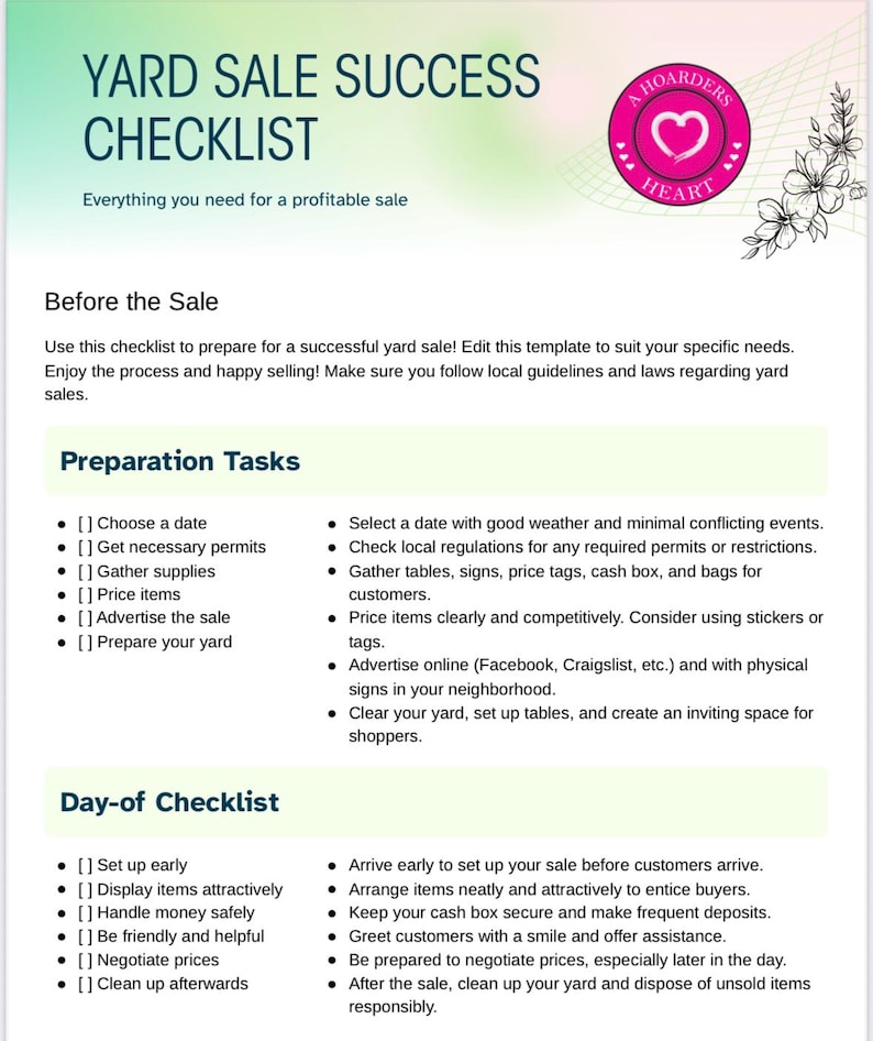 Yard Sale Success Checklist Journal Planner Digital Download - Etsy
