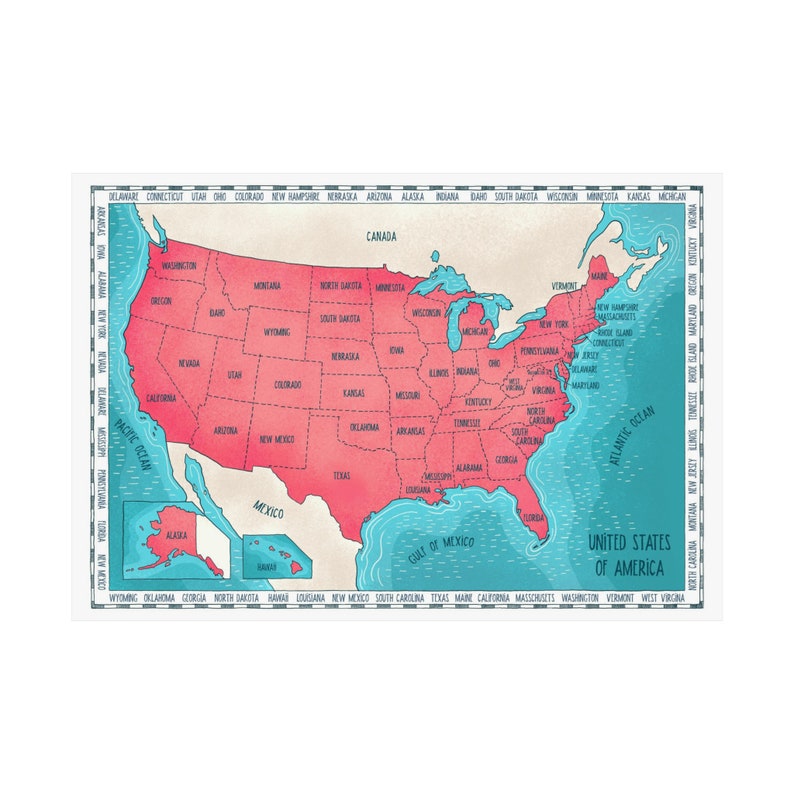 Printable United States Map Poster A2. Coral Colorway. Hand Drawn ...