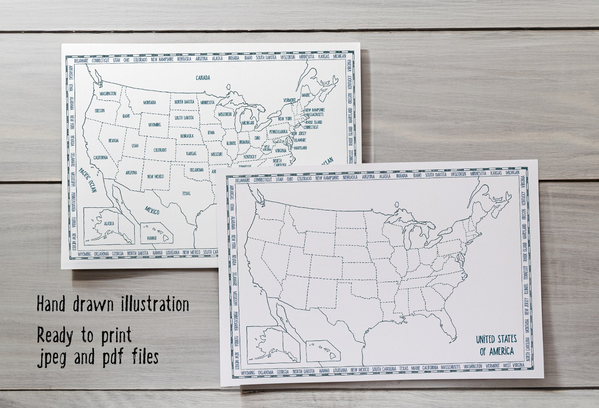Printable Coloring Map of the USA in A4 and A3. Detailed Hand - Etsy