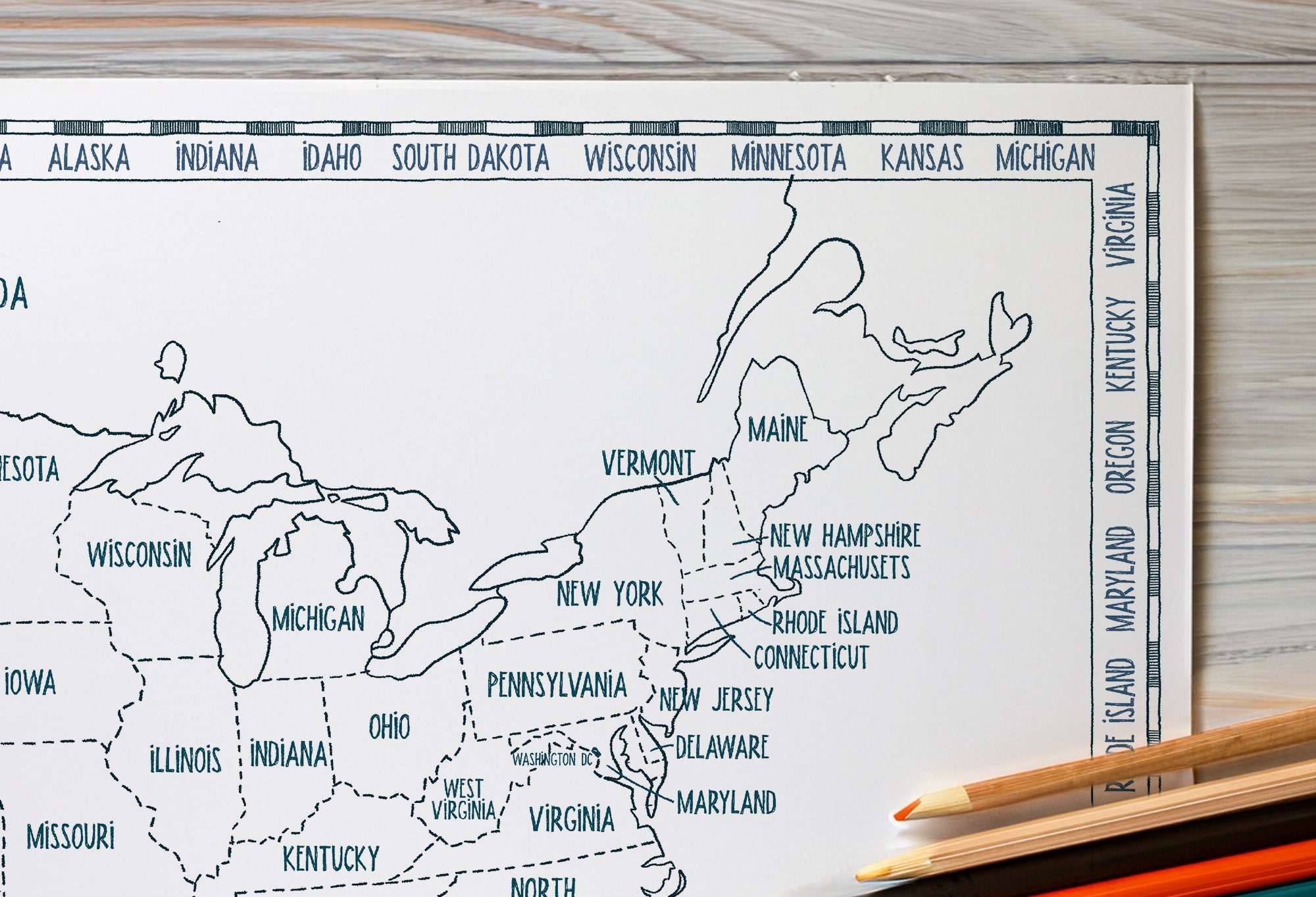 Printable Coloring Map of the USA in A4 and A3. Detailed Hand - Etsy