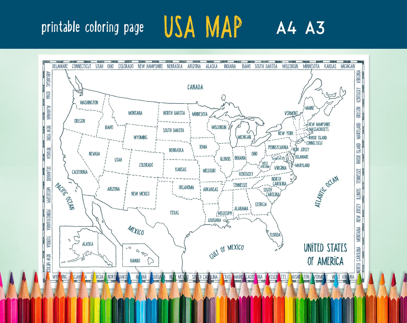 Printable Coloring Map of the USA in A4 and A3. Detailed Hand - Etsy