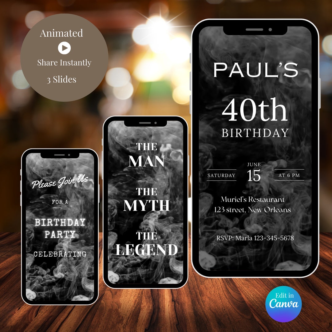 Digital Smokey Animated Man's Birthday Invitation,30th, 40th, 50th ...