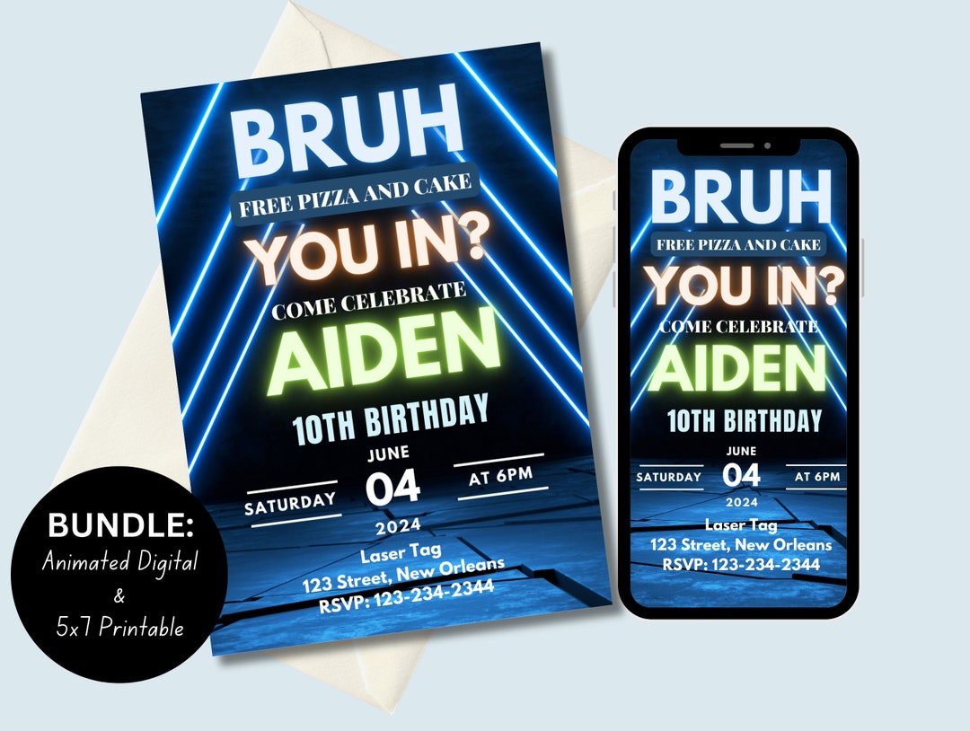 Bruh Neon Boys Birthday Invitation, Teen and Pre-teen Boys Birthday ...