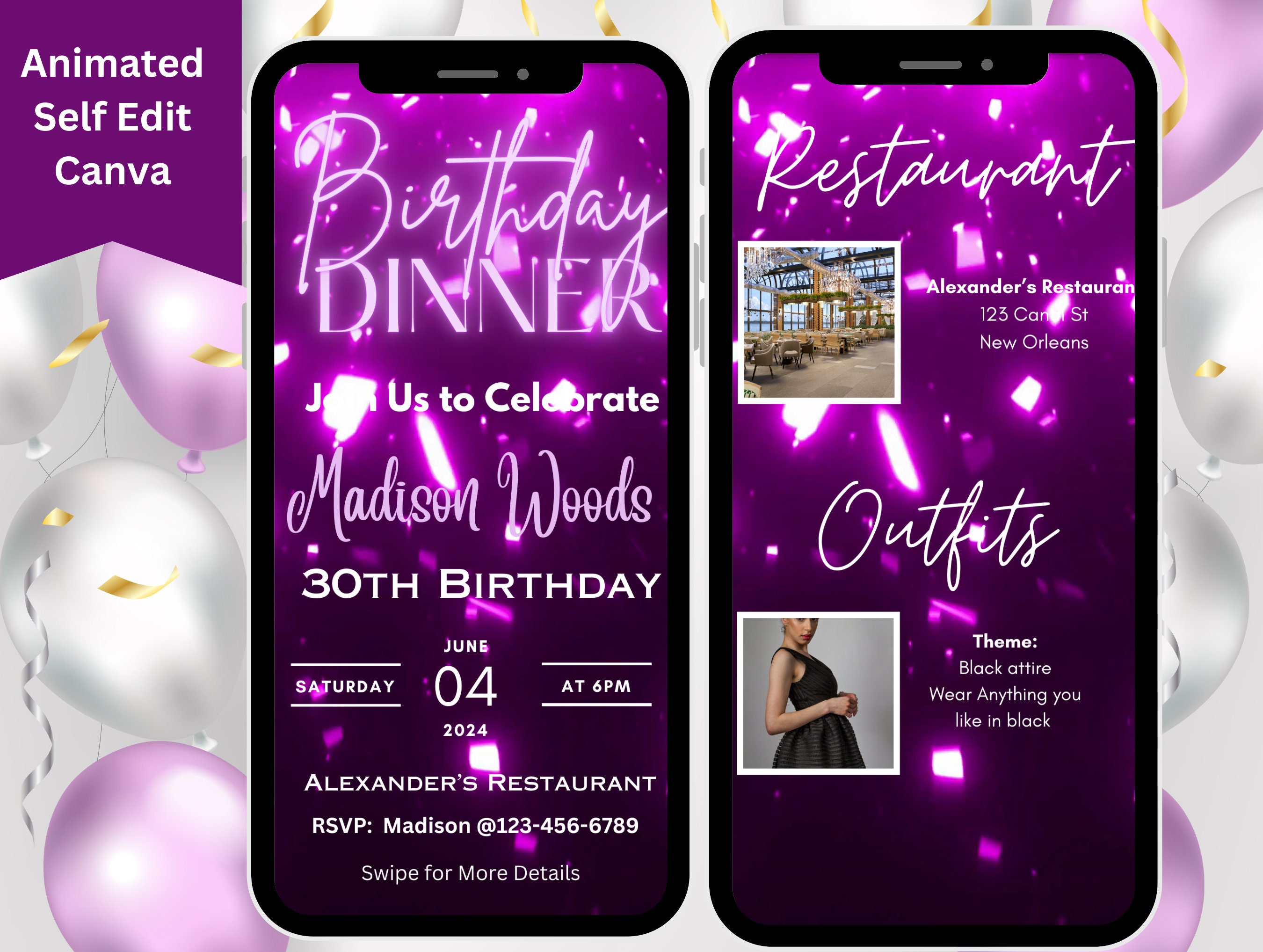 Purple Birthday Dinner Party Invitation, Animated Editable Digital ...