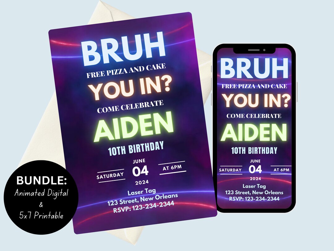Bruh Neon Boys Birthday Invitation, Teen and Pre-teen Boys Birthday ...