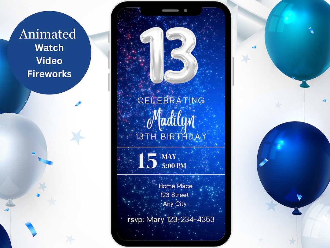 Glitter Blue 13th Birthday Invitation, 13th Birthday Template, 13th ...