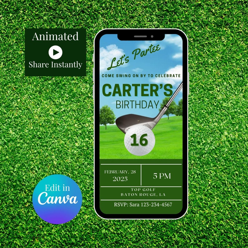 Editable Animated Golf Birthday Party Invitation | Let's Par-tee ...