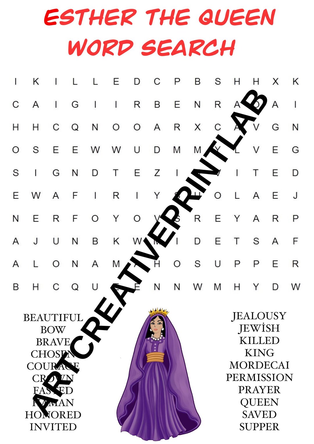 Queen Esther Word Search Printable, Purim Activity for Kids, Jewish ...