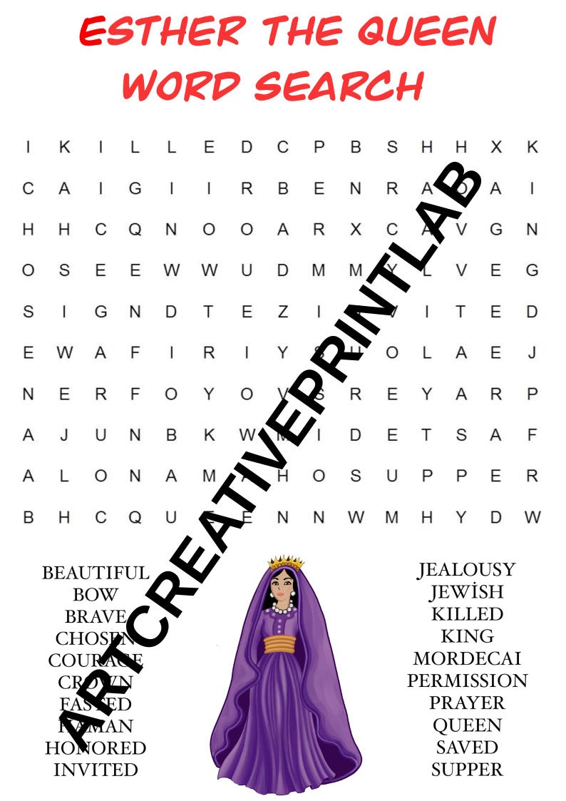 Queen Esther Word Search Printable, Purim Activity for Kids, Jewish ...