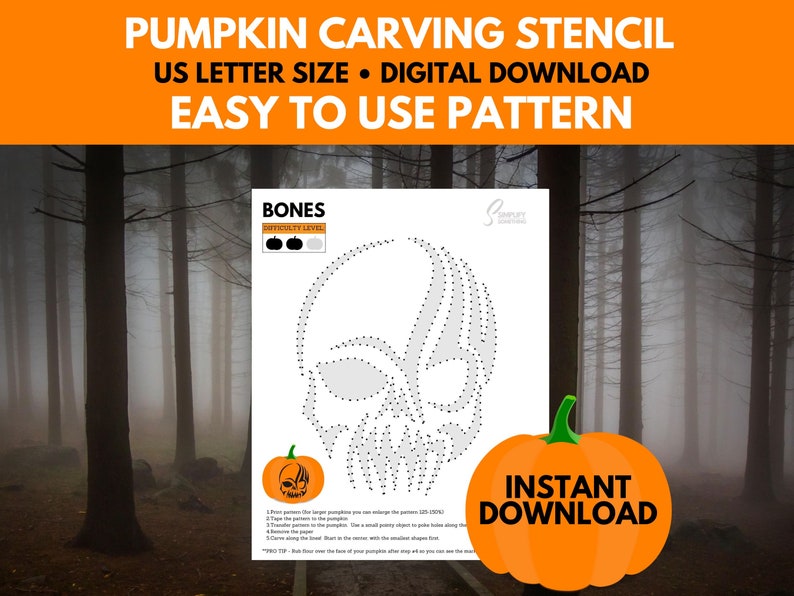 Skull Pumpkin Carving Stencil PRINTABLE | Halloween Pumpkin | Pumpkin ...