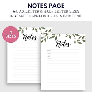 Notes Page Printable, Note Page Planner, Notes Pad, Planner Notes ...