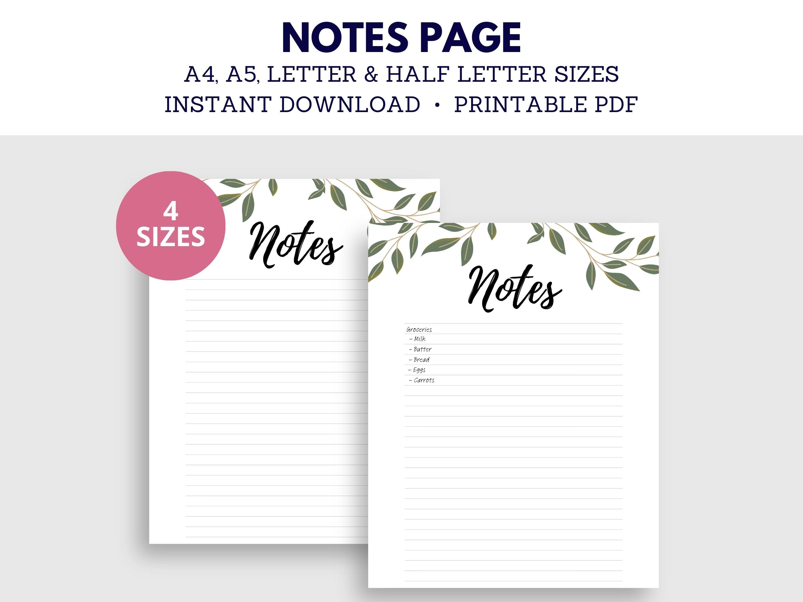 Notes Page Printable, Note Page Planner, Notes Pad, Planner Notes ...