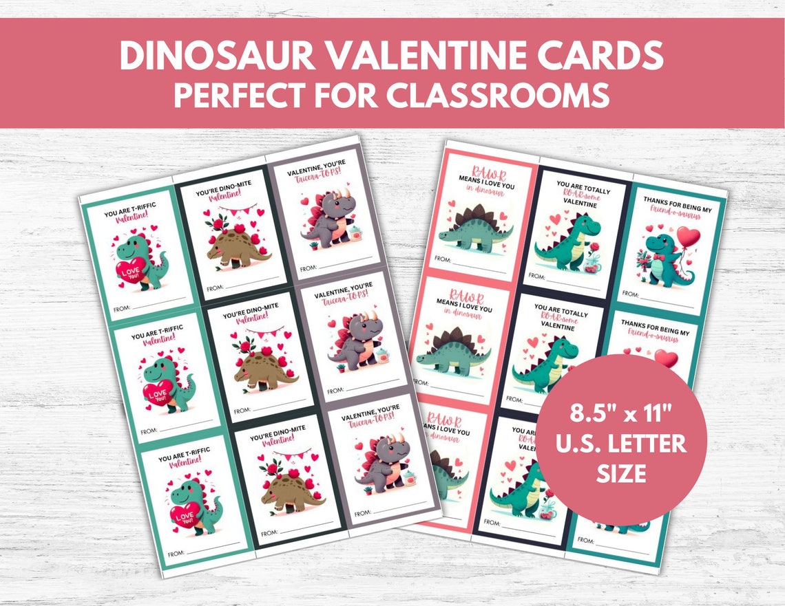PRINTABLE Kids Dinosaur Valentine Card Dinosaur Valentine Cards Class ...
