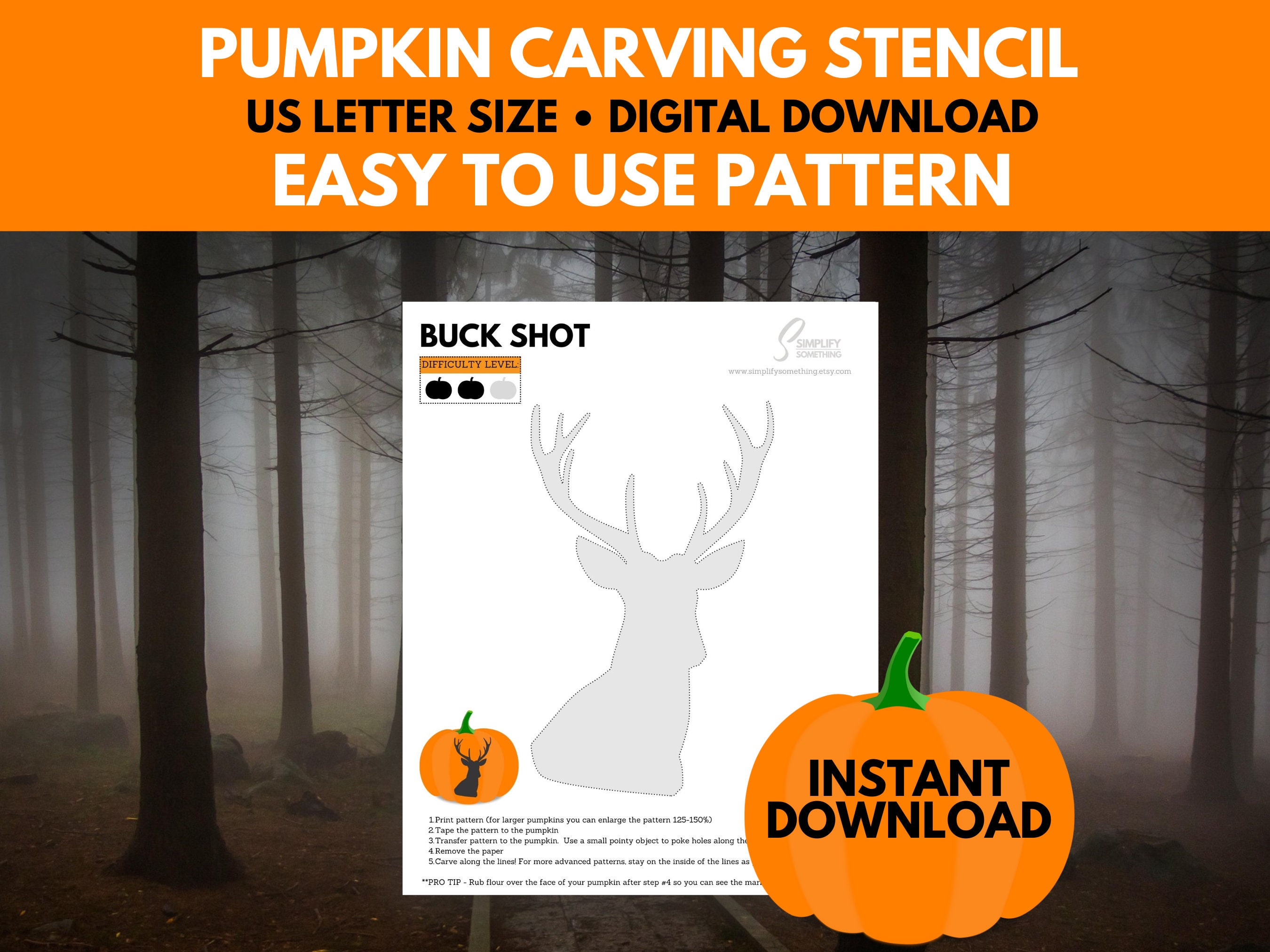 Deer Buck Pumpkin Carving Stencil PRINTABLE | Halloween Pumpkin Carving | Pumpkin Carving | Easy ...