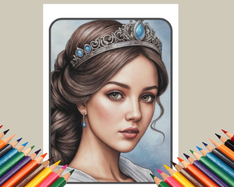 20 Princess Portrait Coloring Pages With PDF Template. Grayscale ...