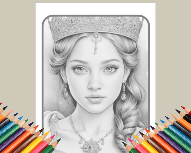 20 Princess Portrait Coloring Pages With PDF Template. Grayscale ...