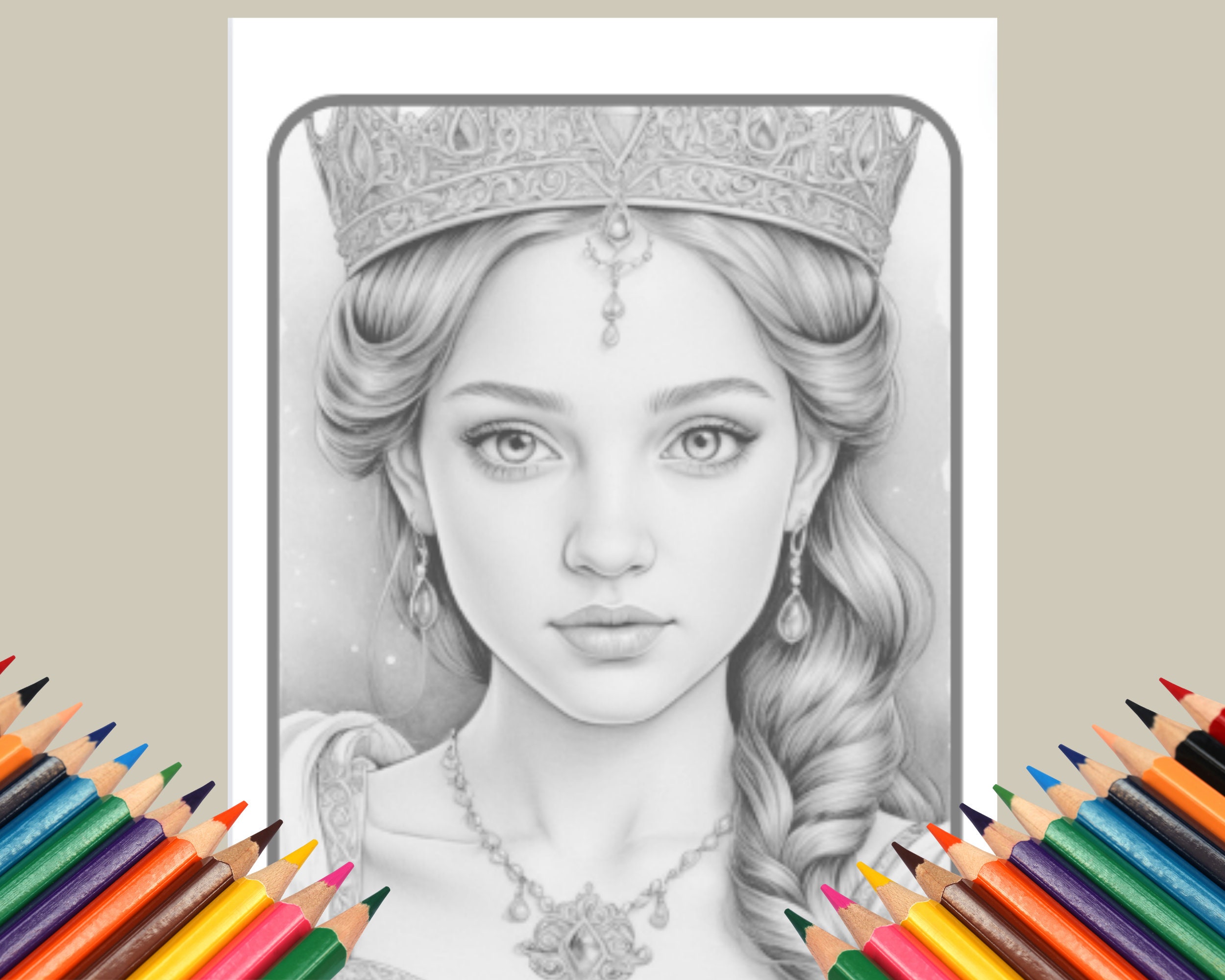 20 Princess Portrait Coloring Pages With PDF Template. Grayscale ...