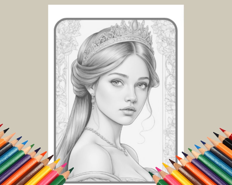 20 Princess Portrait Coloring Pages With PDF Template. Grayscale ...