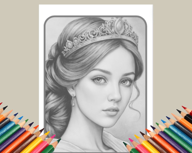 20 Princess Portrait Coloring Pages With PDF Template. Grayscale ...