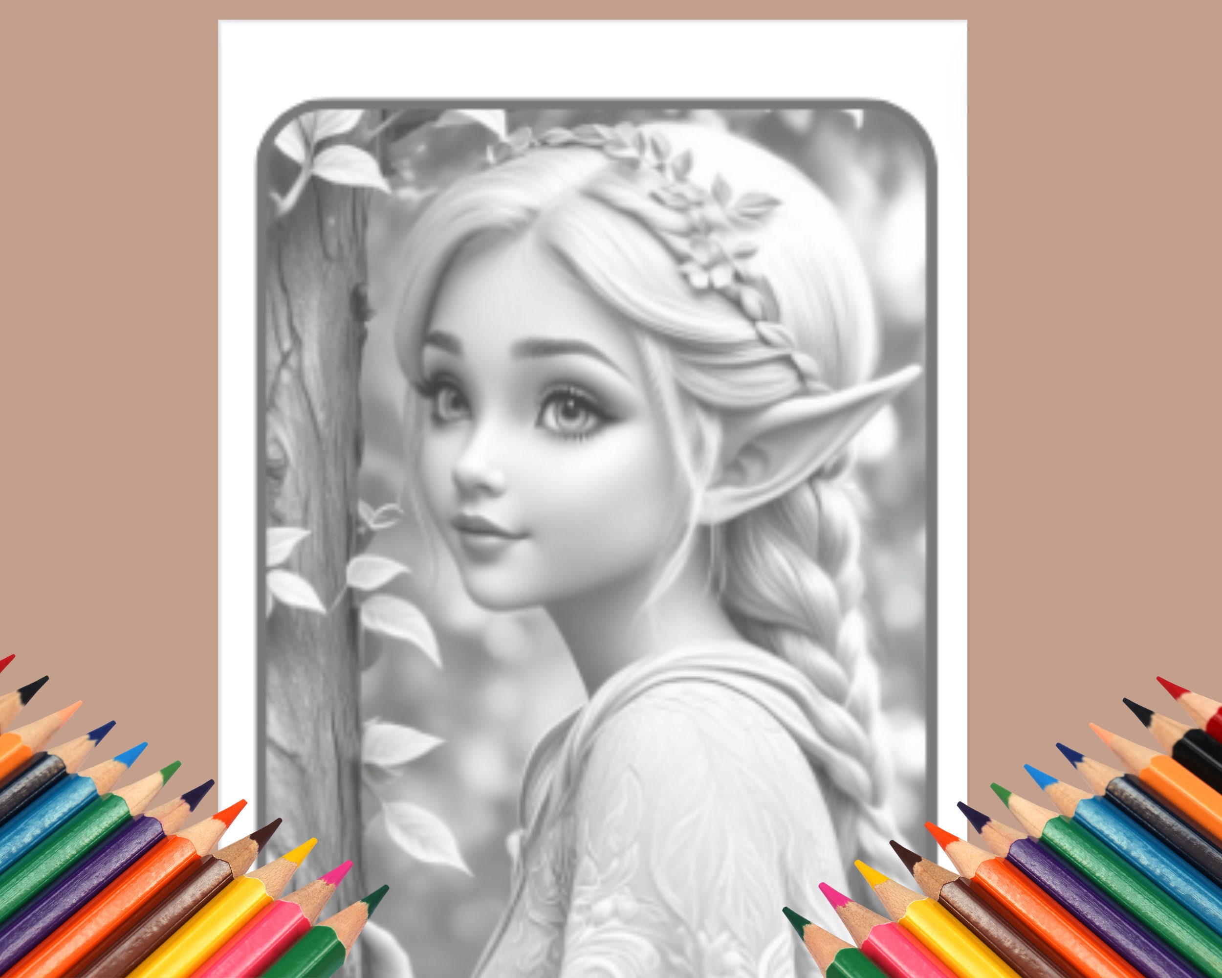 Book of 30 Magnificent Elves Coloring Pages in PDF. Digital Grayscale ...
