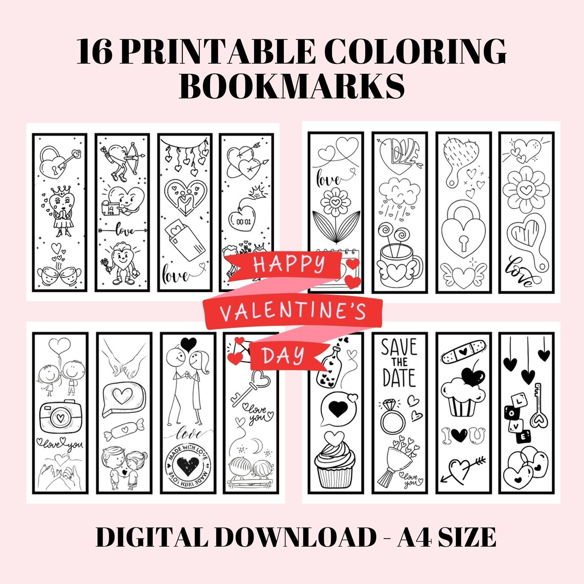 Printable Digital Valentine's Day Coloring 16 Pieces Bookmarks Set ...