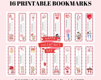 Printable Digital Valentine's Day Coloring 16 Pieces Bookmarks Set ...