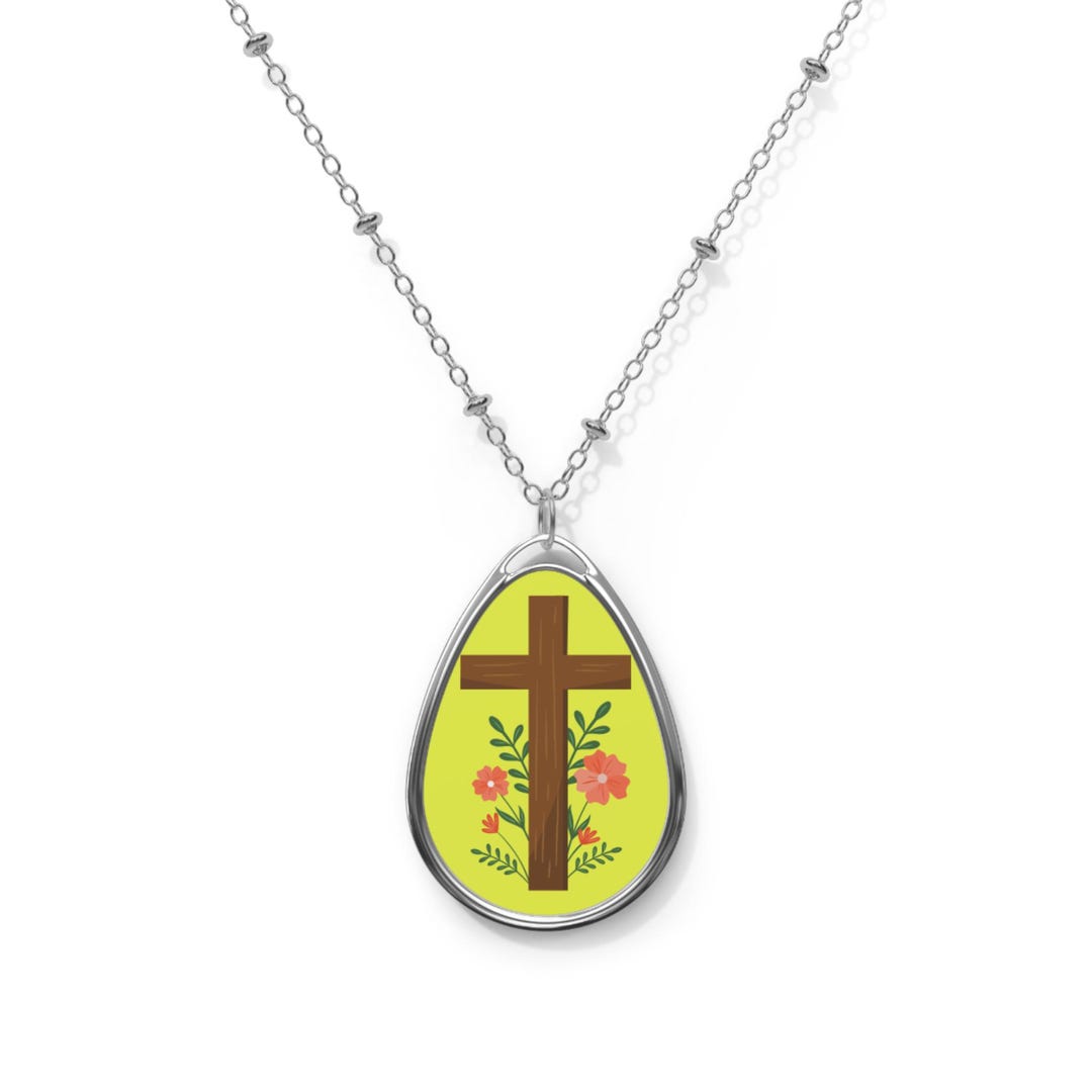 Oval Cross Pendant Necklace: Religious Jewelry, Floral Design - Etsy