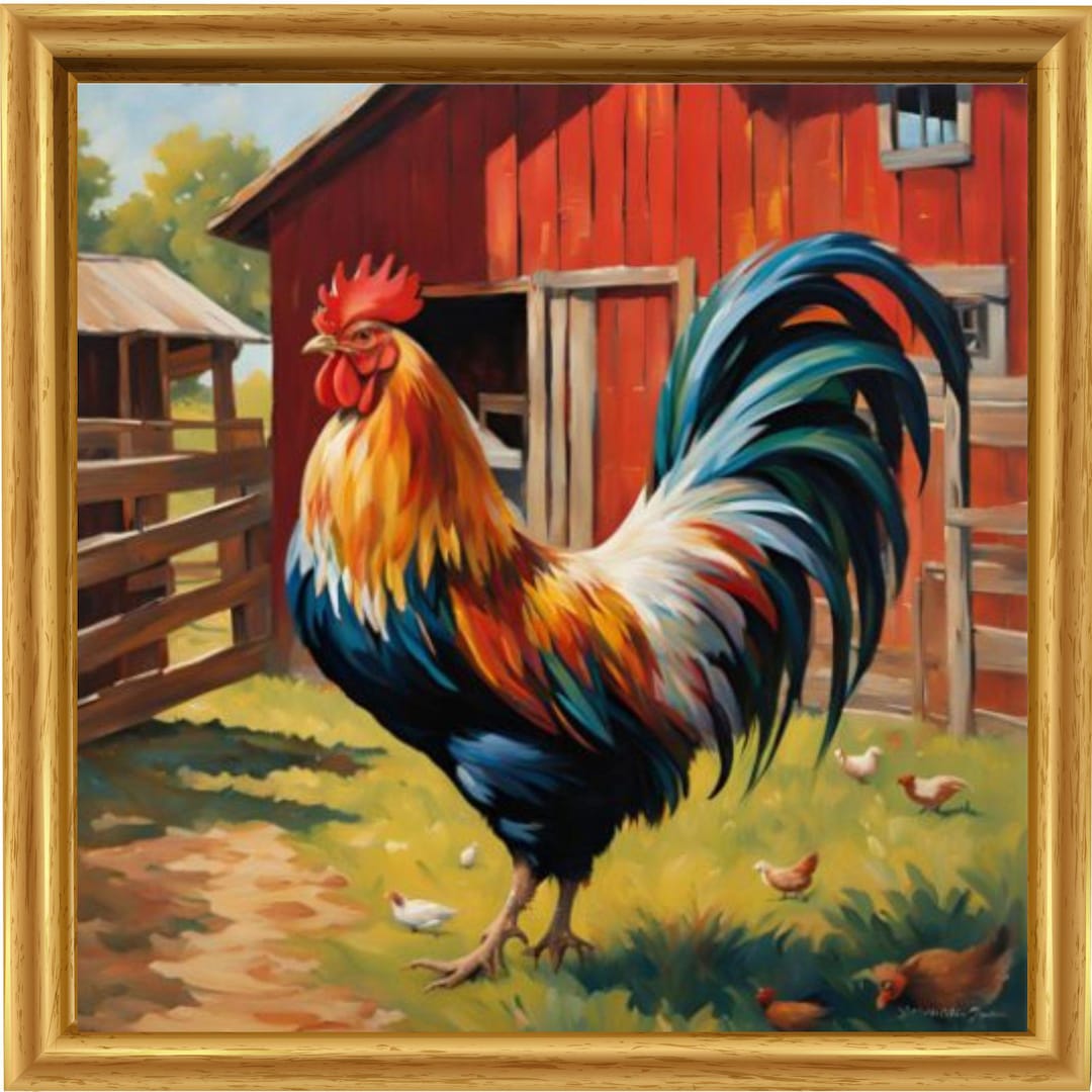Vertical Poster, Rooster in the Barnyard Colorful Wall Art Print, Matte ...