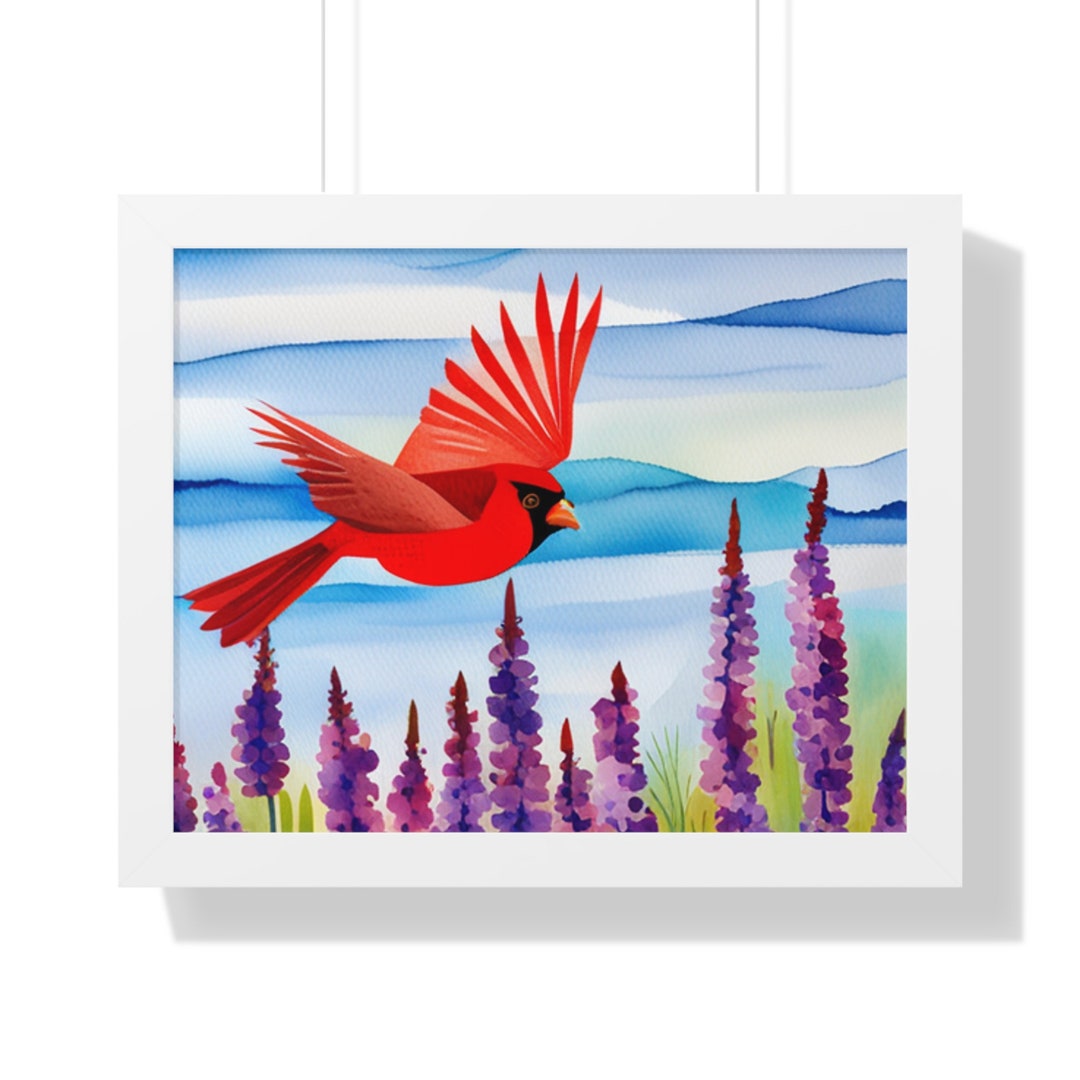 Framed Horizontal Poster Cardinal Watercolor Wild Flowers, Cardinal in ...