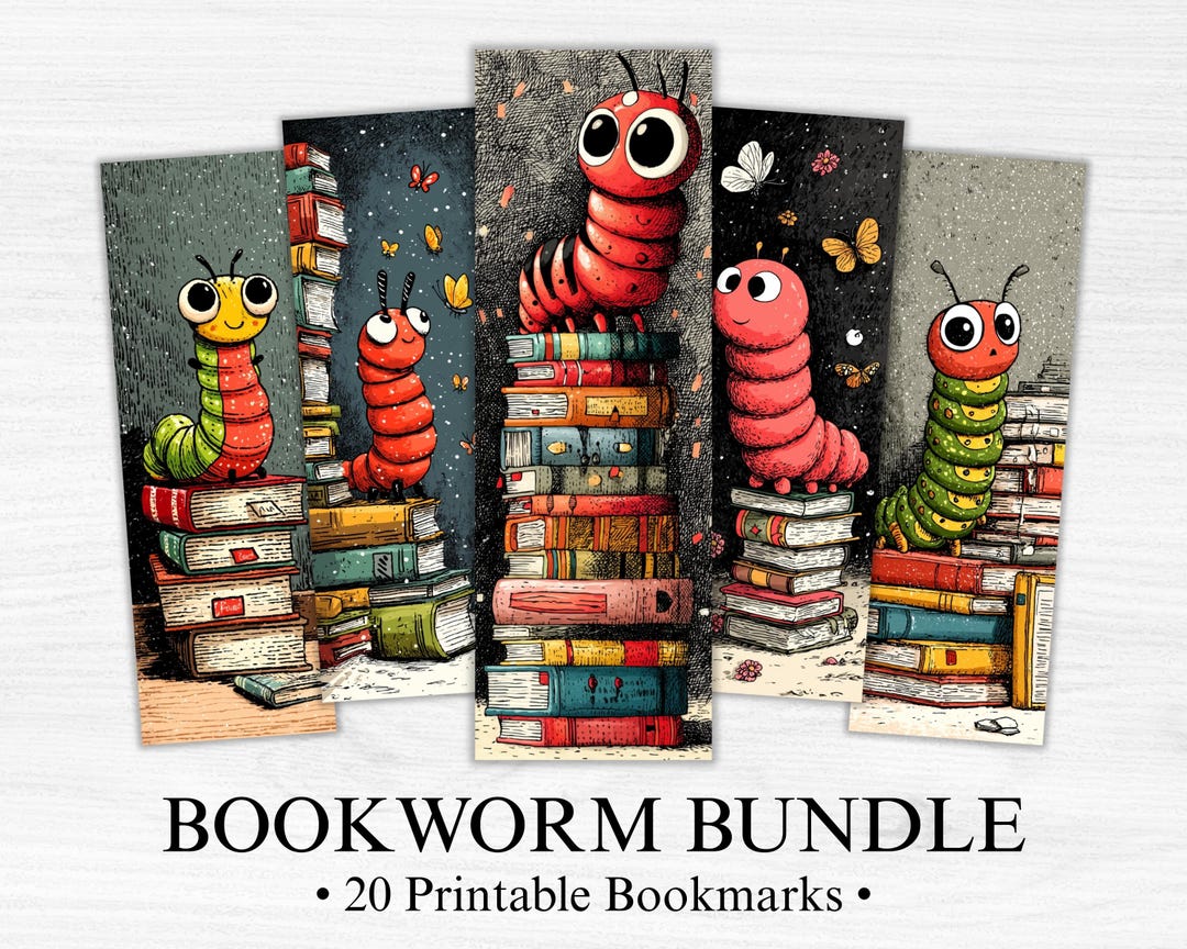 Whimsical Bookworm Bookmarks, Printable JPG Bookmark Sheets, PNG ...
