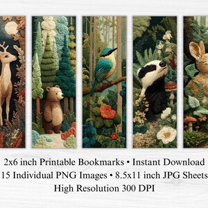 Embroidery Woodland Animals Printable Bookmarks, Embroidered Bookmark ...