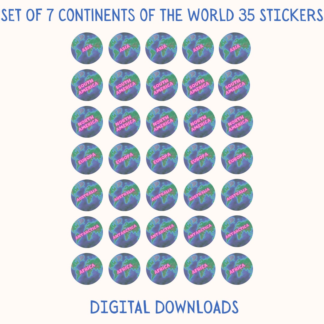 Set of 7 Continental of the World Stickers Sheet Digital Download on ...