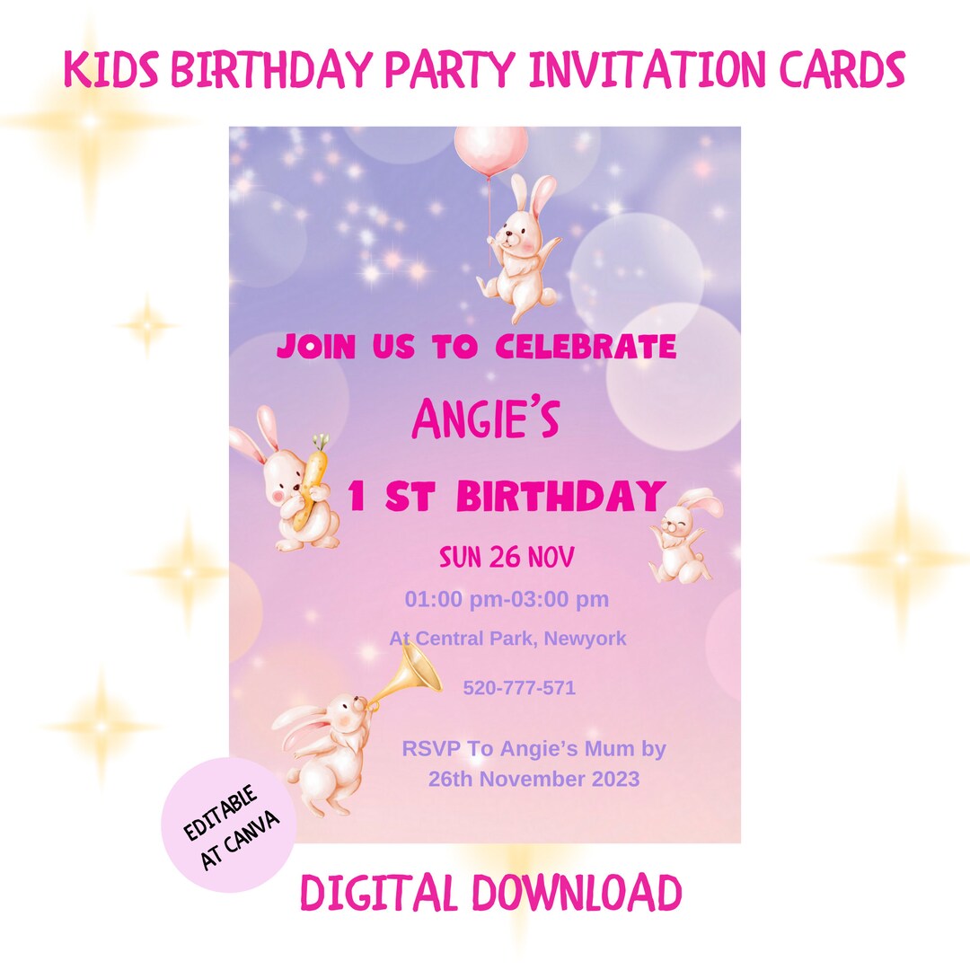 Rabbit Kids Birthday Invitation Card Lovely Adorable Party Supplies ...