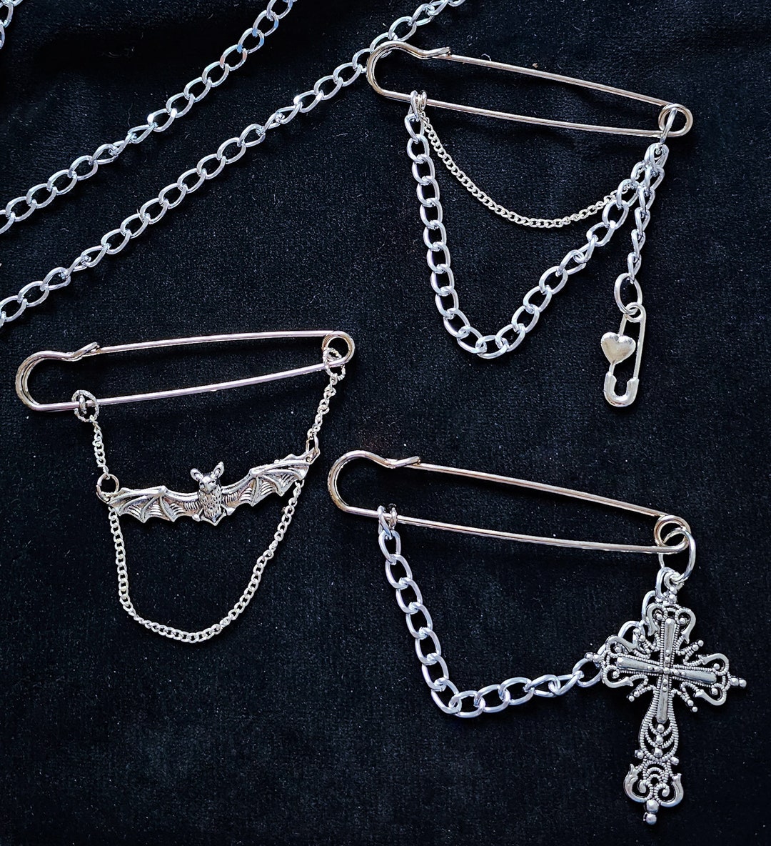 Safety Pin Brooche/ Bat Brooche/ Safety Pin With Chains / Jacket Safety ...