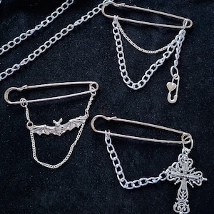 Safety Pin Brooche/ Bat Brooche/ Safety Pin With Chains / Jacket Safety ...