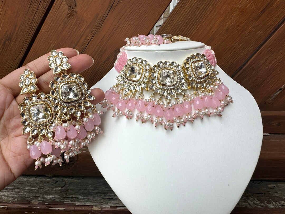 Light Pink Necklace Set Indian Jewelry Baby Pink Choker Punjabi Jewelry ...