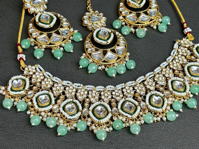Kundan Mint Green Indian Jewellery Green and Gold Choker Mint Green ...