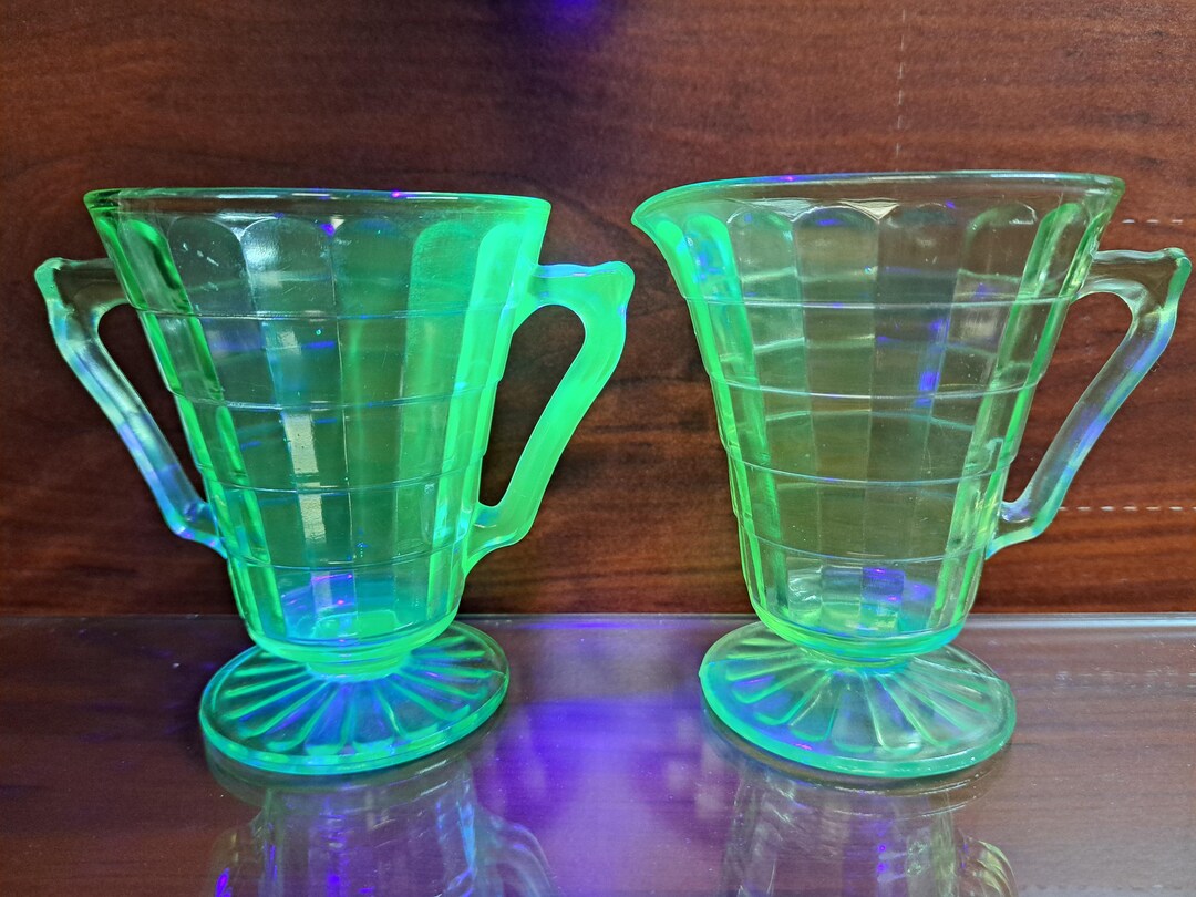Vintage Uranium Glass Block Optic Creamer and Sugar Set - Etsy