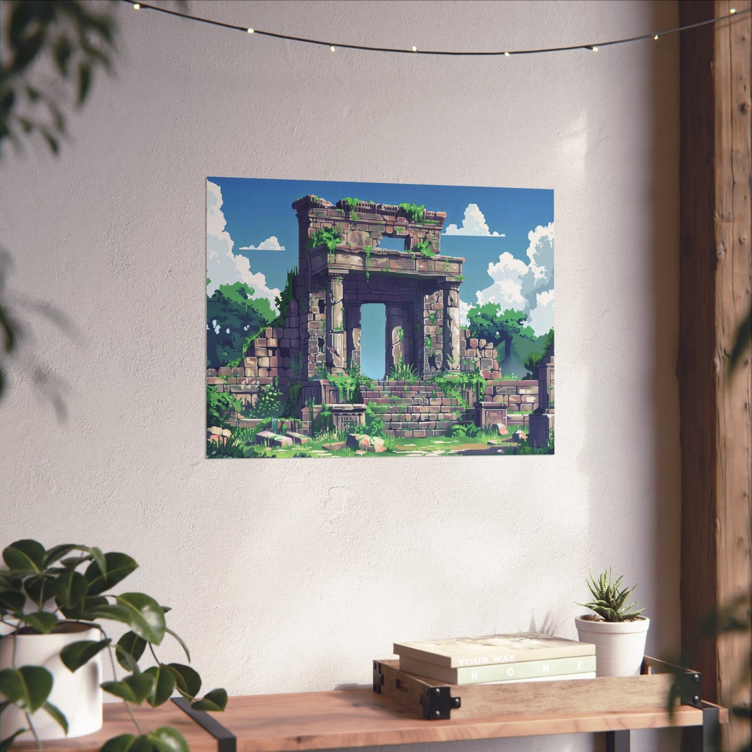 Pixel Art Ancient Archway Poster Digital Retro Ruins in Nature Scene ...