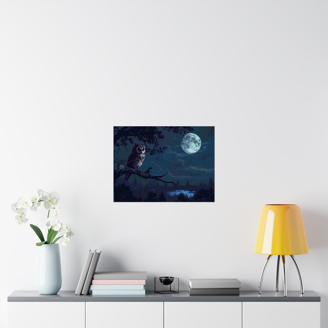 Pixel Owl Under Full Moon Poster Tranquil Night Sky Art Poster - Etsy