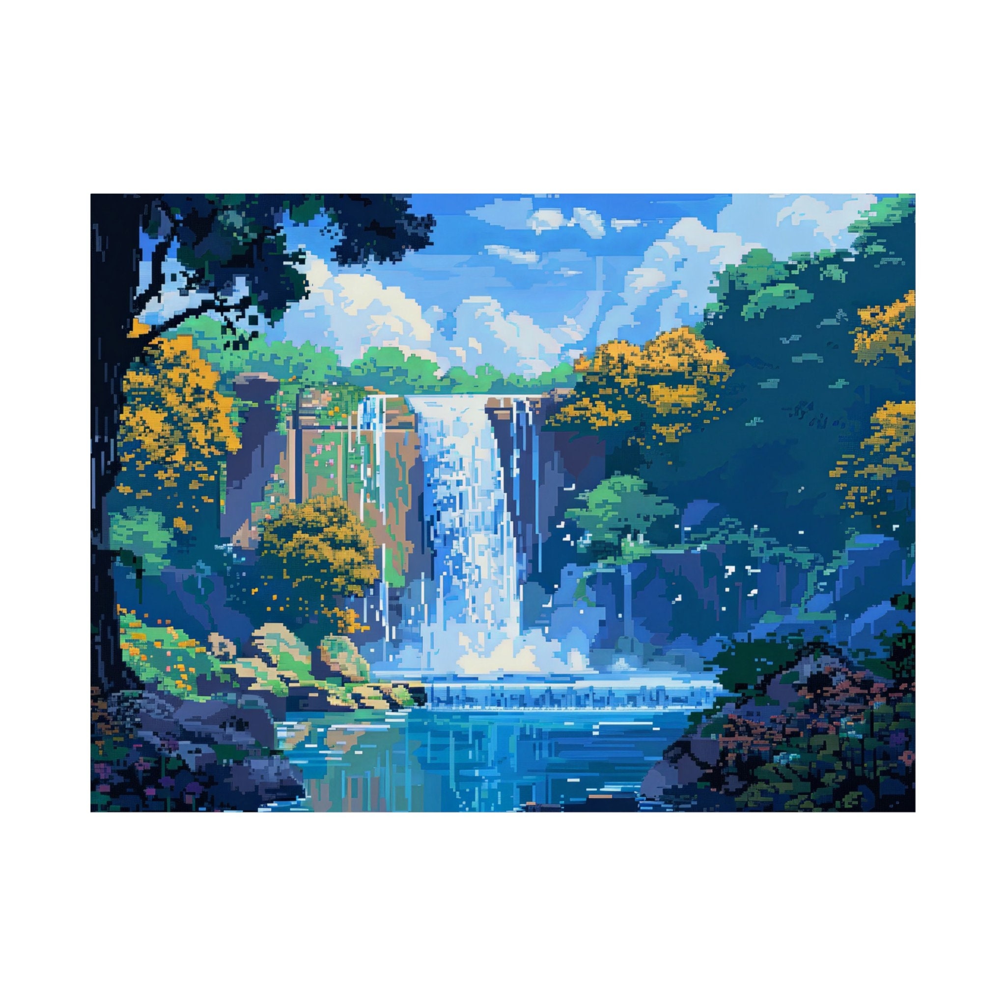 Pixelated Waterfall Oasis Poster Classic 8-bit Natural Landscape Art ...