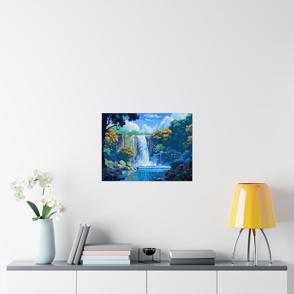 Pixelated Waterfall Oasis Poster Classic 8-bit Natural Landscape Art ...