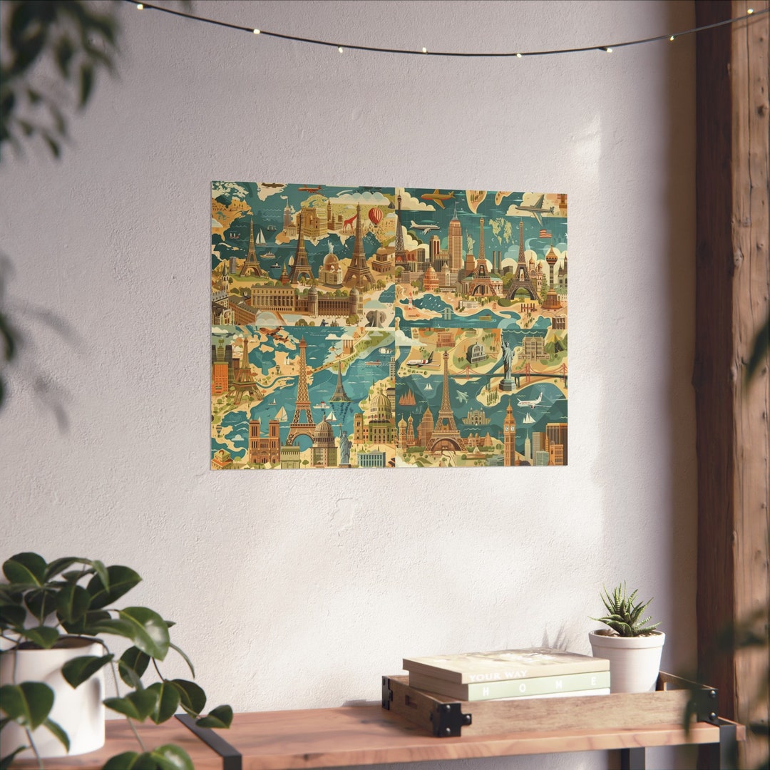 World Travel Landmarks Map Poster Vintage Style Global Destinations Art ...